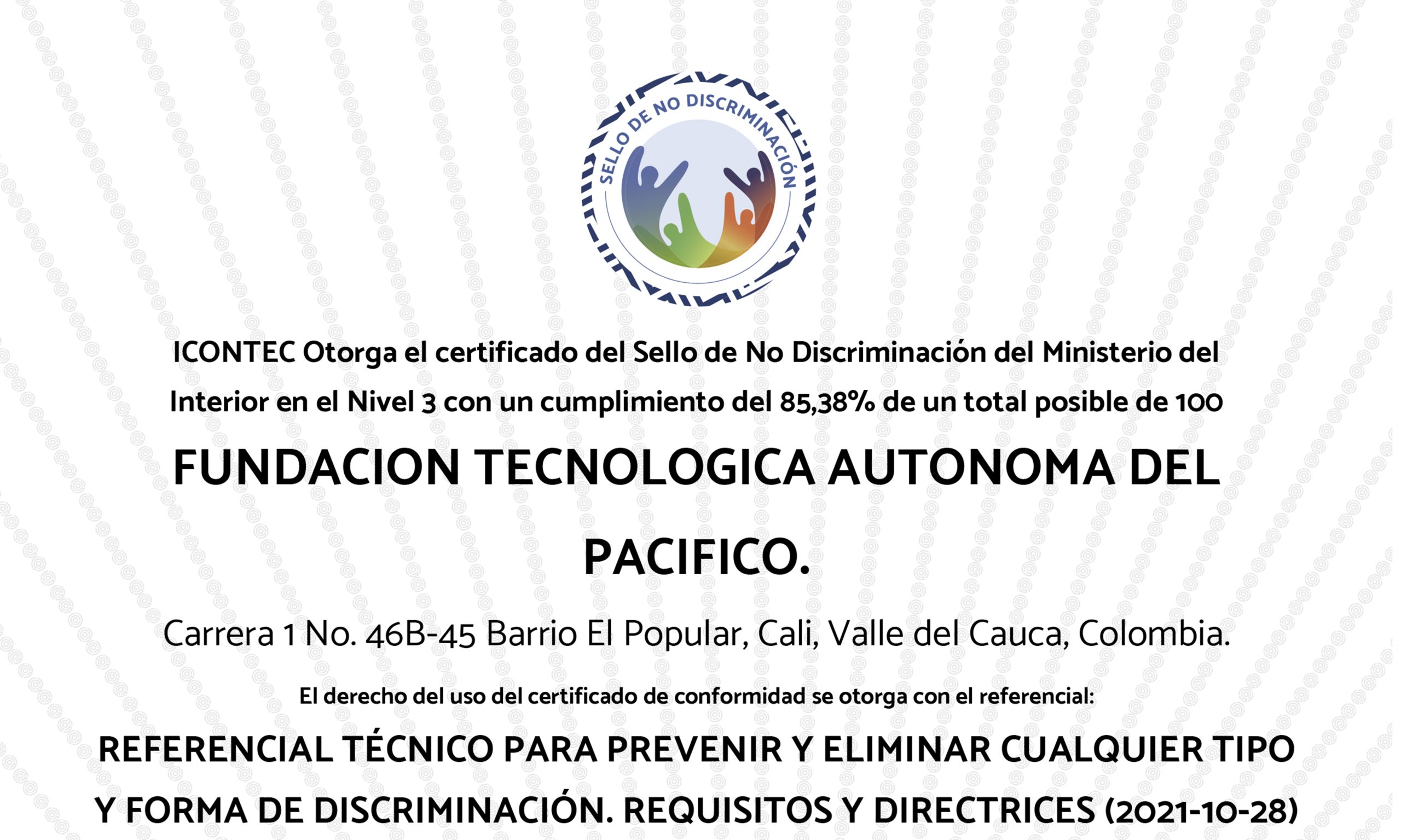 Sello de No Discriminación - ICONTEC - UTAP